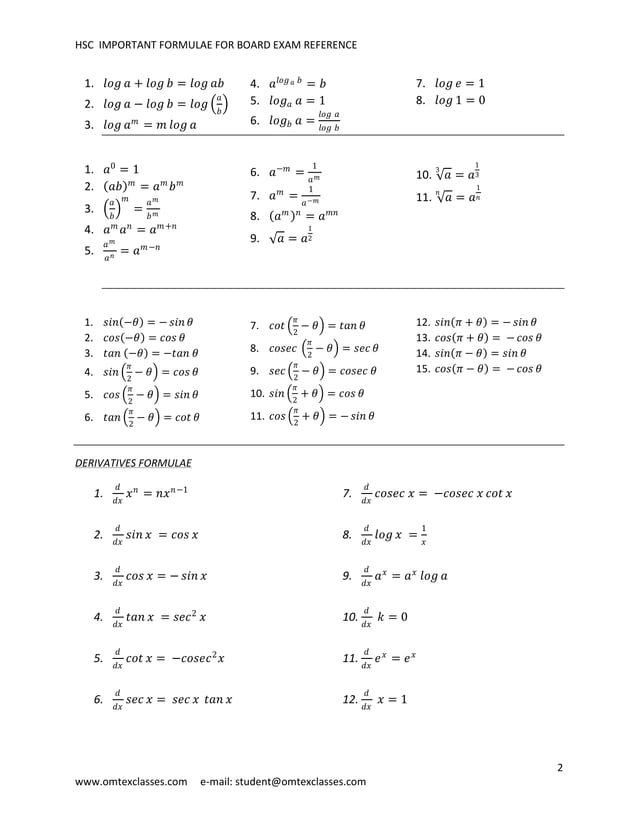Hsc maths formulae for board exam | PDF