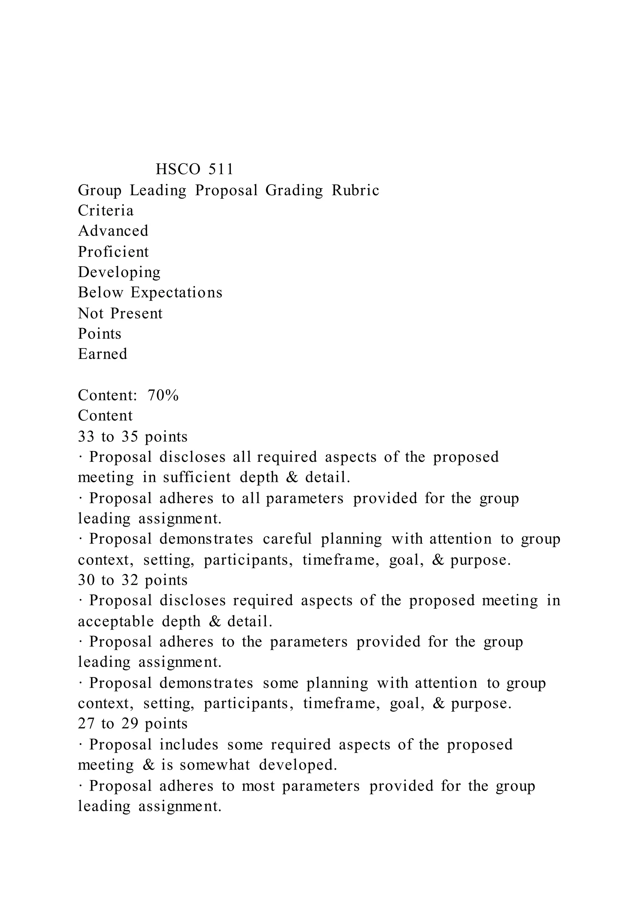HSCO 511Group Leading Proposal Grading Rubric Criteria | DOCX