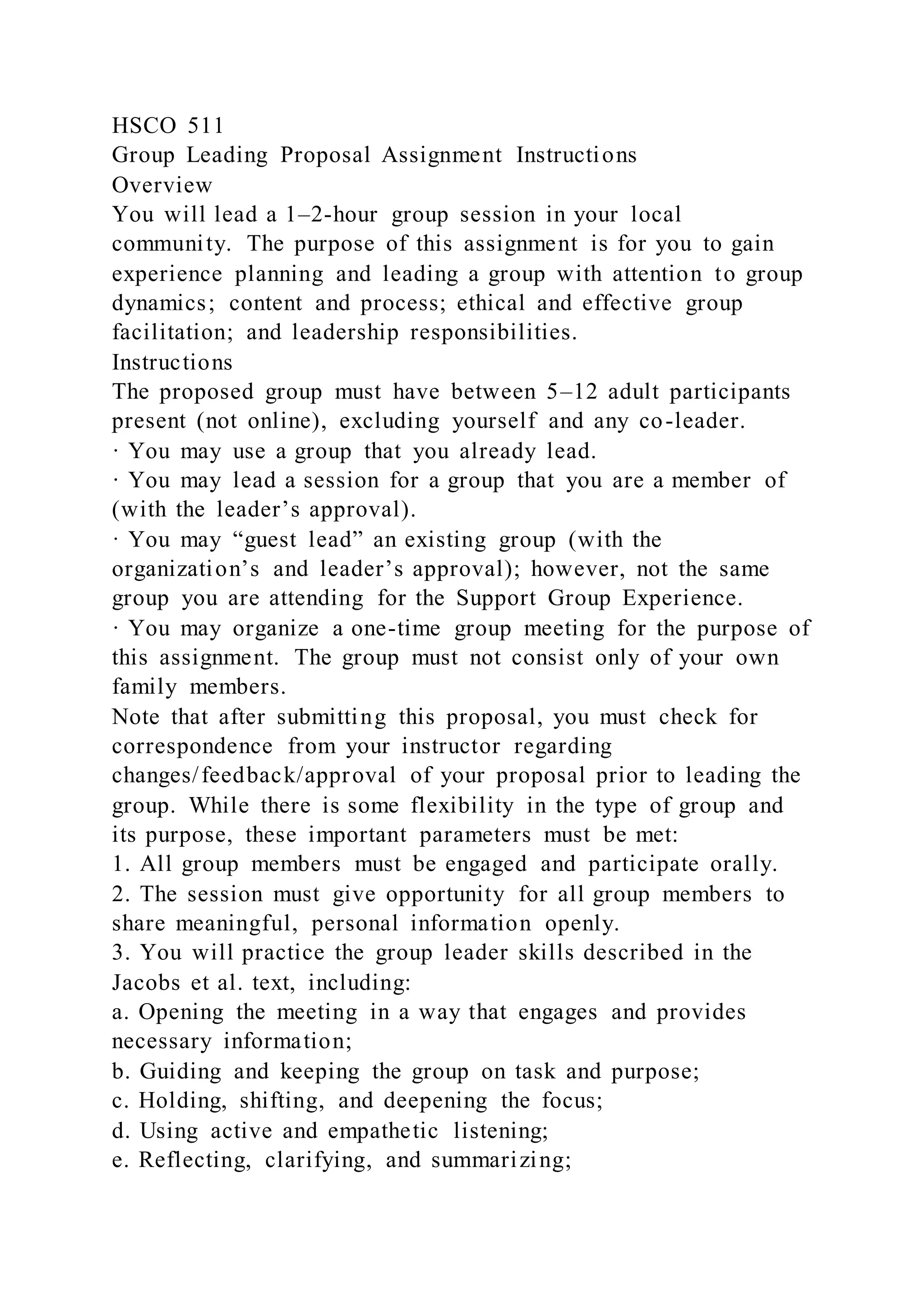 HSCO 511Group Leading Proposal Grading Rubric Criteria | DOCX