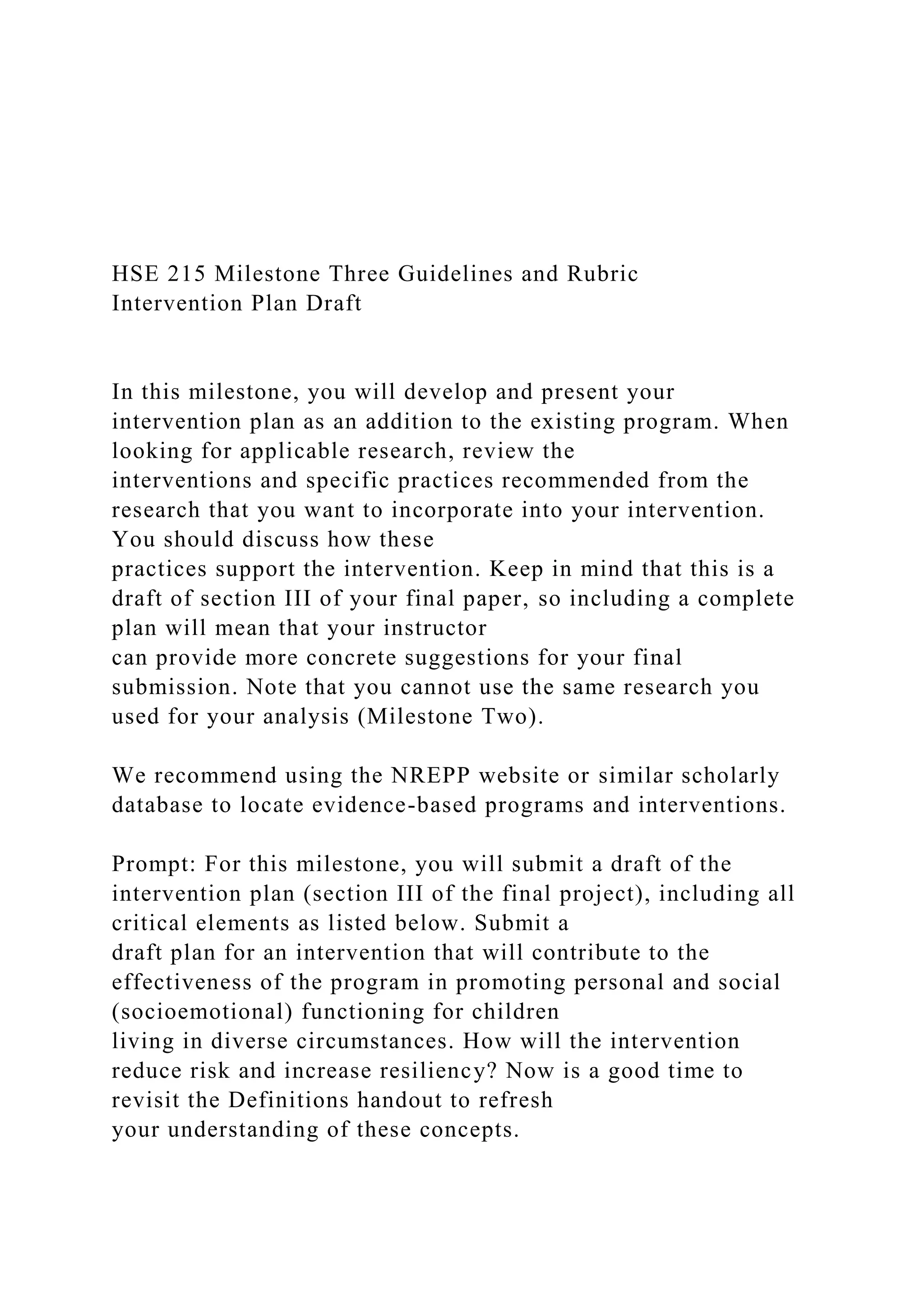 HSE 215 Milestone Three Guidelines and Rubric Interventio.docx