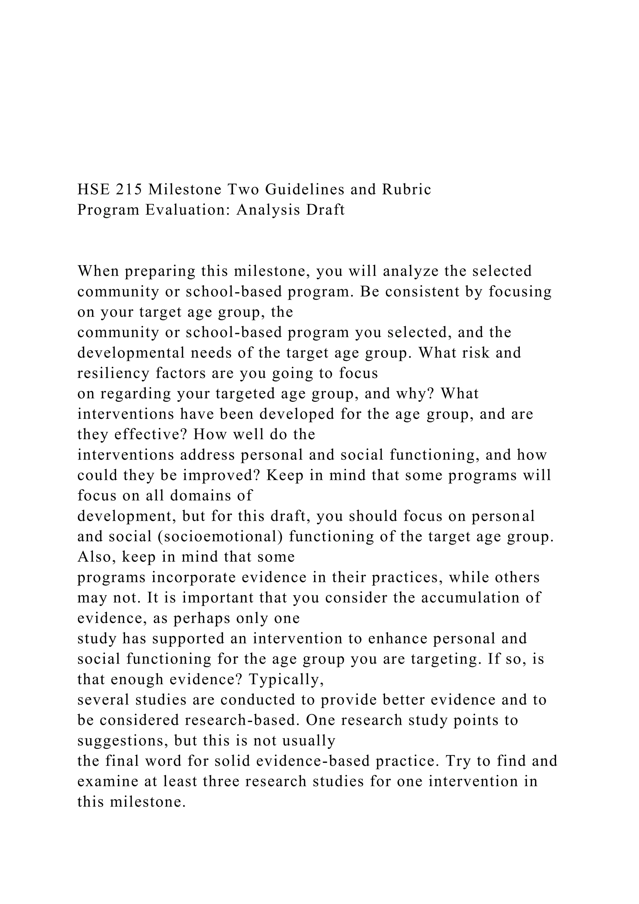 HSE 215 Milestone Two Guidelines and Rubric Program Evalua.docx