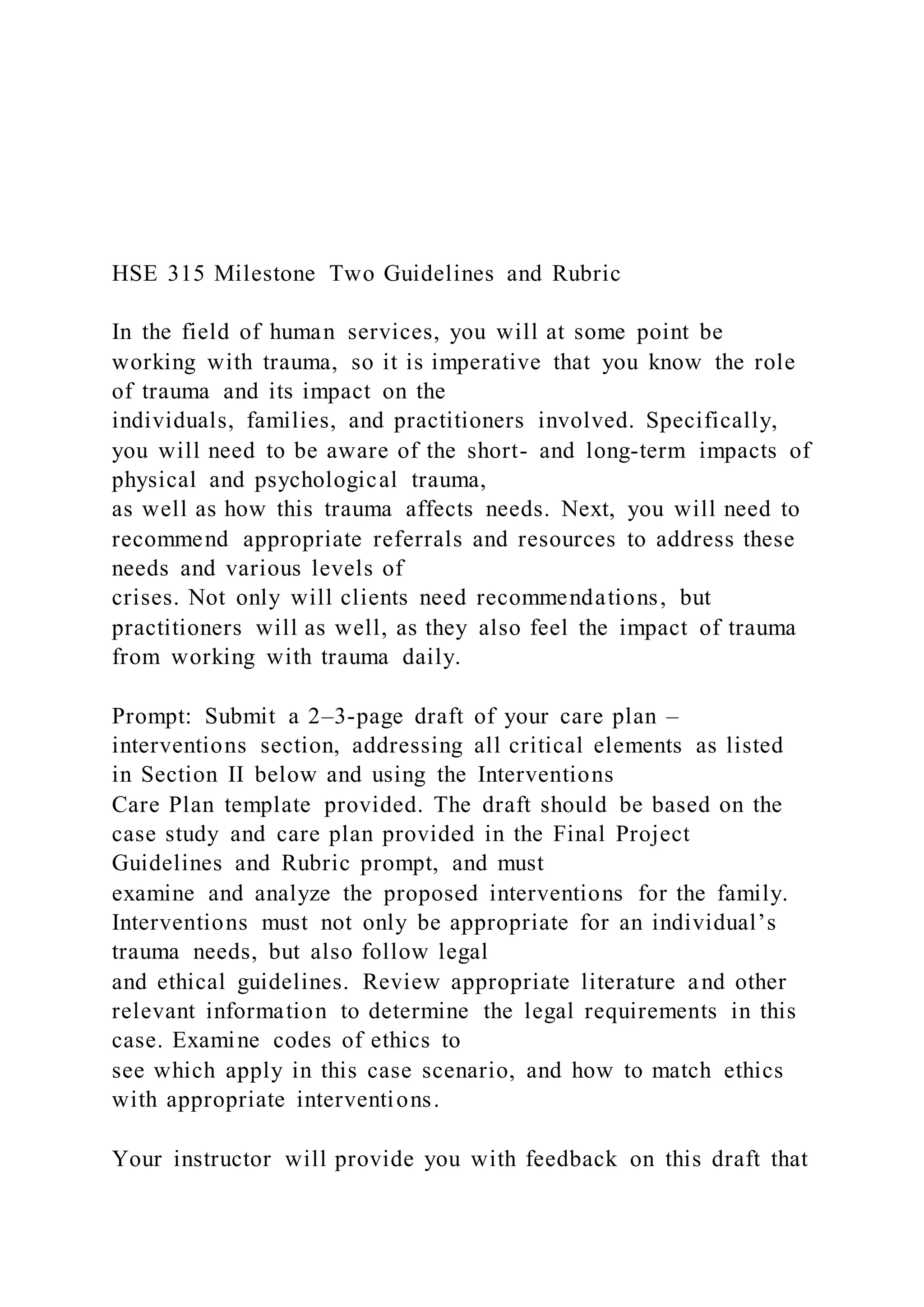 HSE 315 Milestone Two Guidelines and Rubric In the fie | DOCX