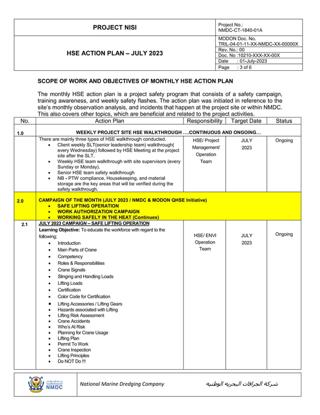 HSE Action Plan - July 2023.pdf | Civil Engineering Industry | Industries