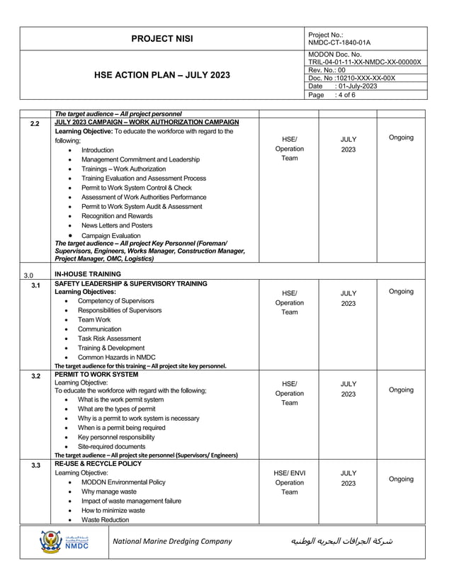 HSE Action Plan - July 2023.pdf | Civil Engineering Industry | Industries