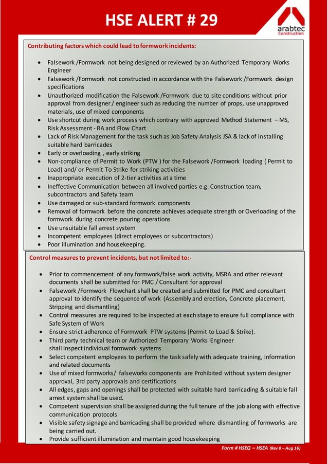 Hse alert 29 2018 formwork | DOCX