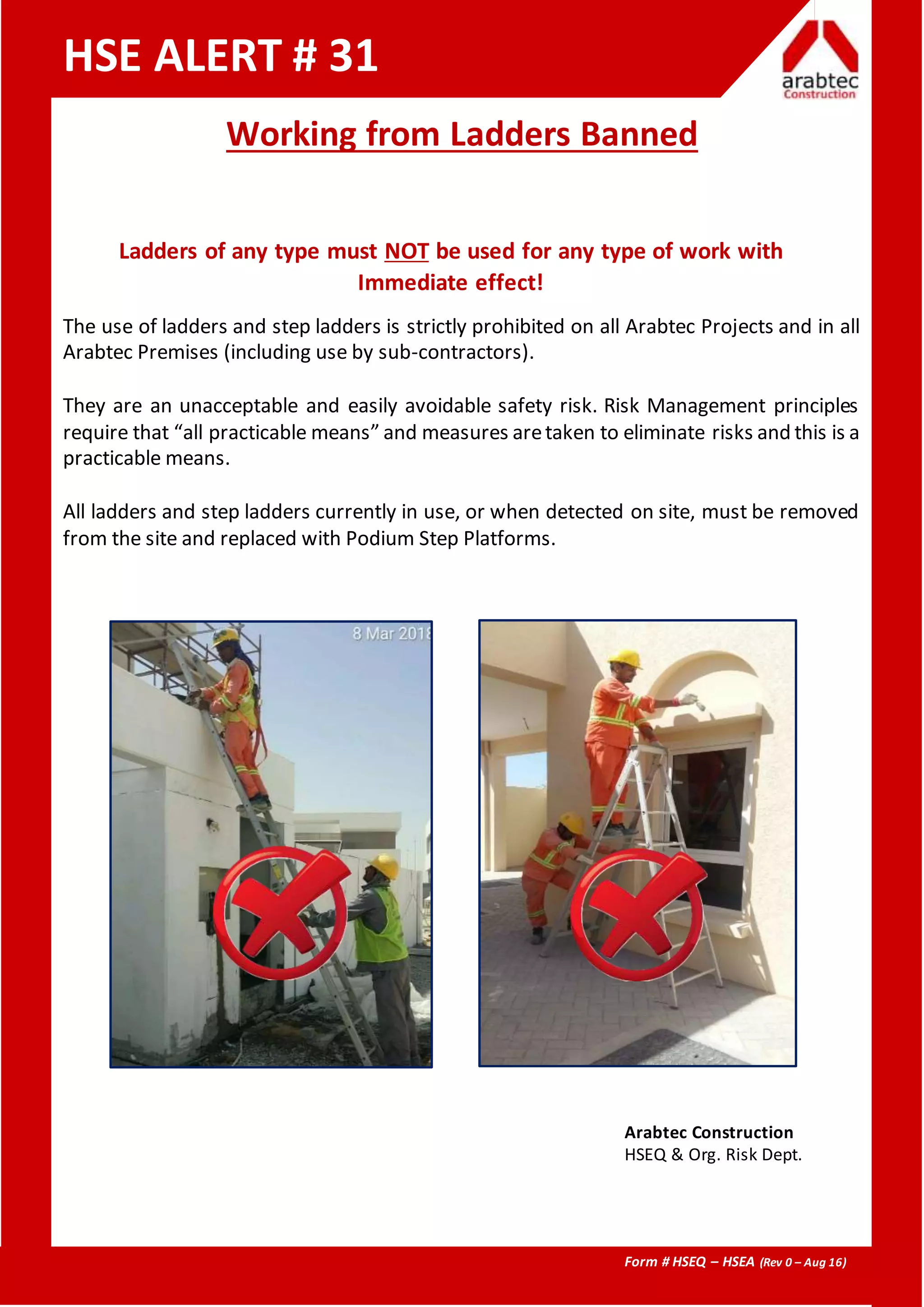 Hse alert 31 2018 prohibition on use of ladders | PDF