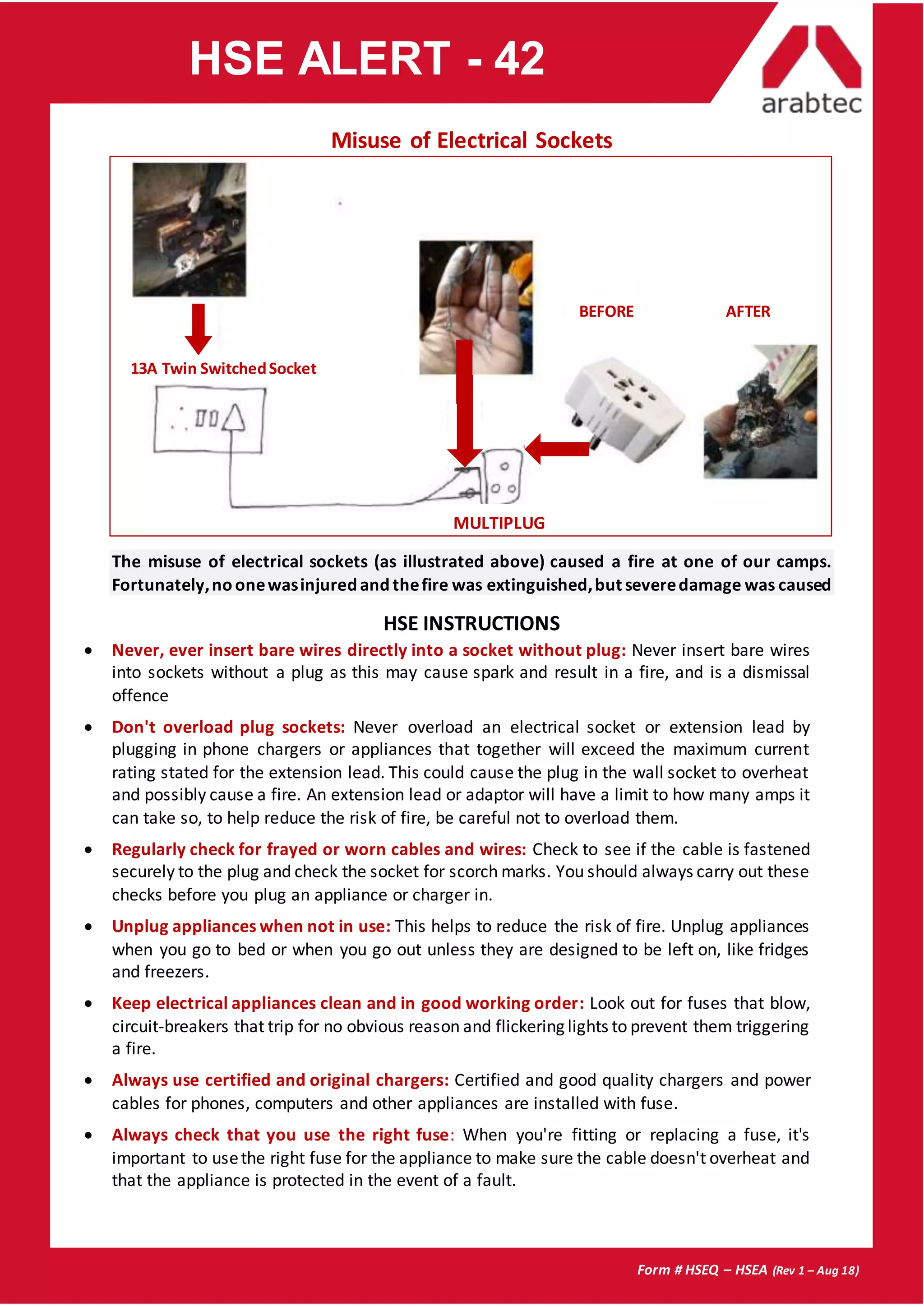 Hse alert 42 2018 unsafe use of electrical sockets | DOCX