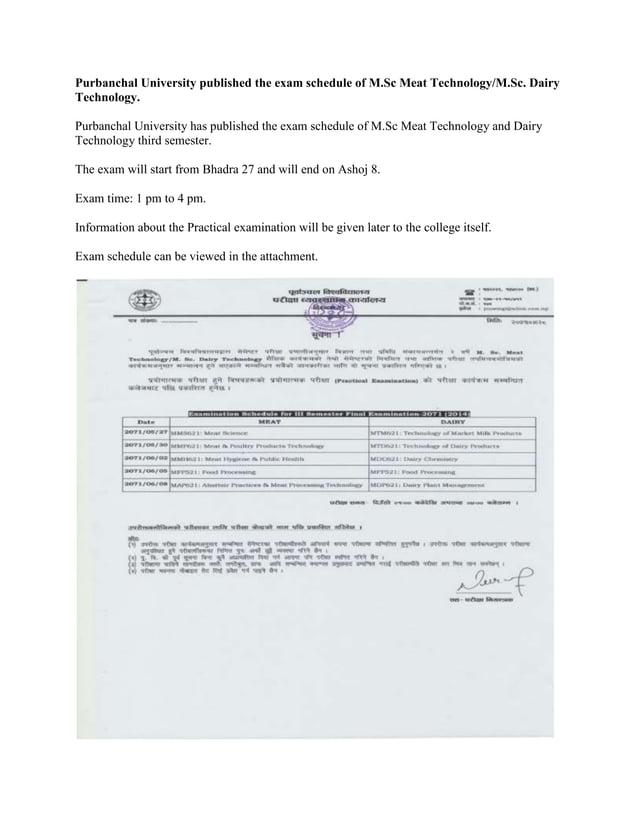 Purbanchal University published the exam schedule of M.Sc Meat ...