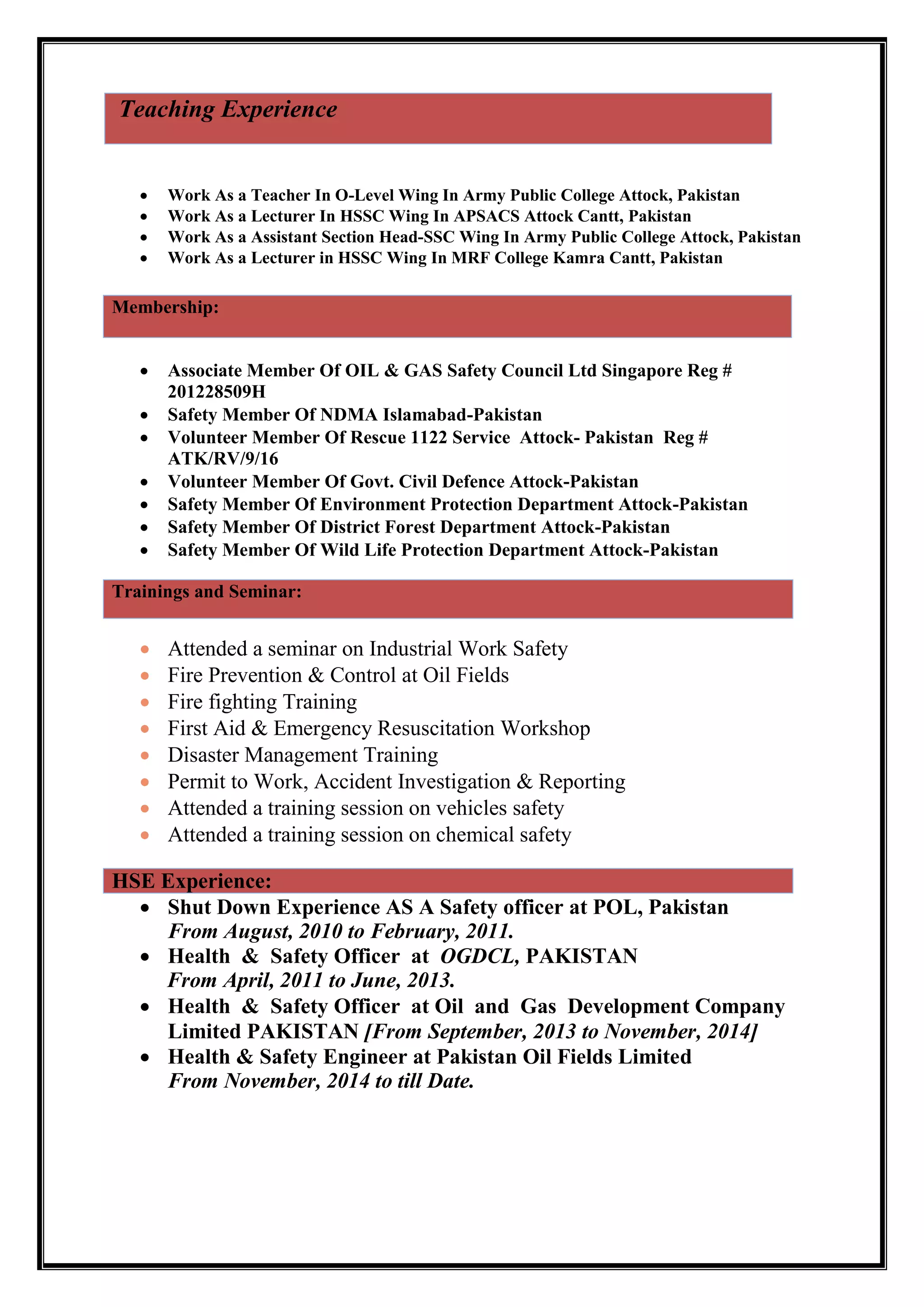 Hse engineer cv of muhammad shoaib sadiq 2- | PDF