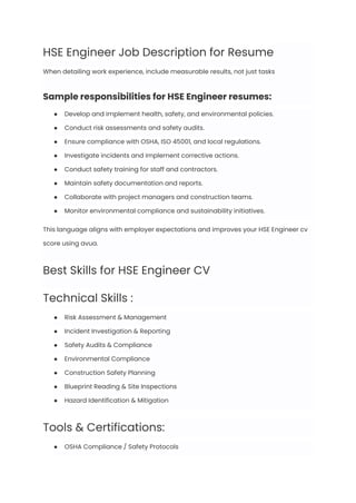HSE Engineer Resume Examples & Writing Guide for 2025 | PDF