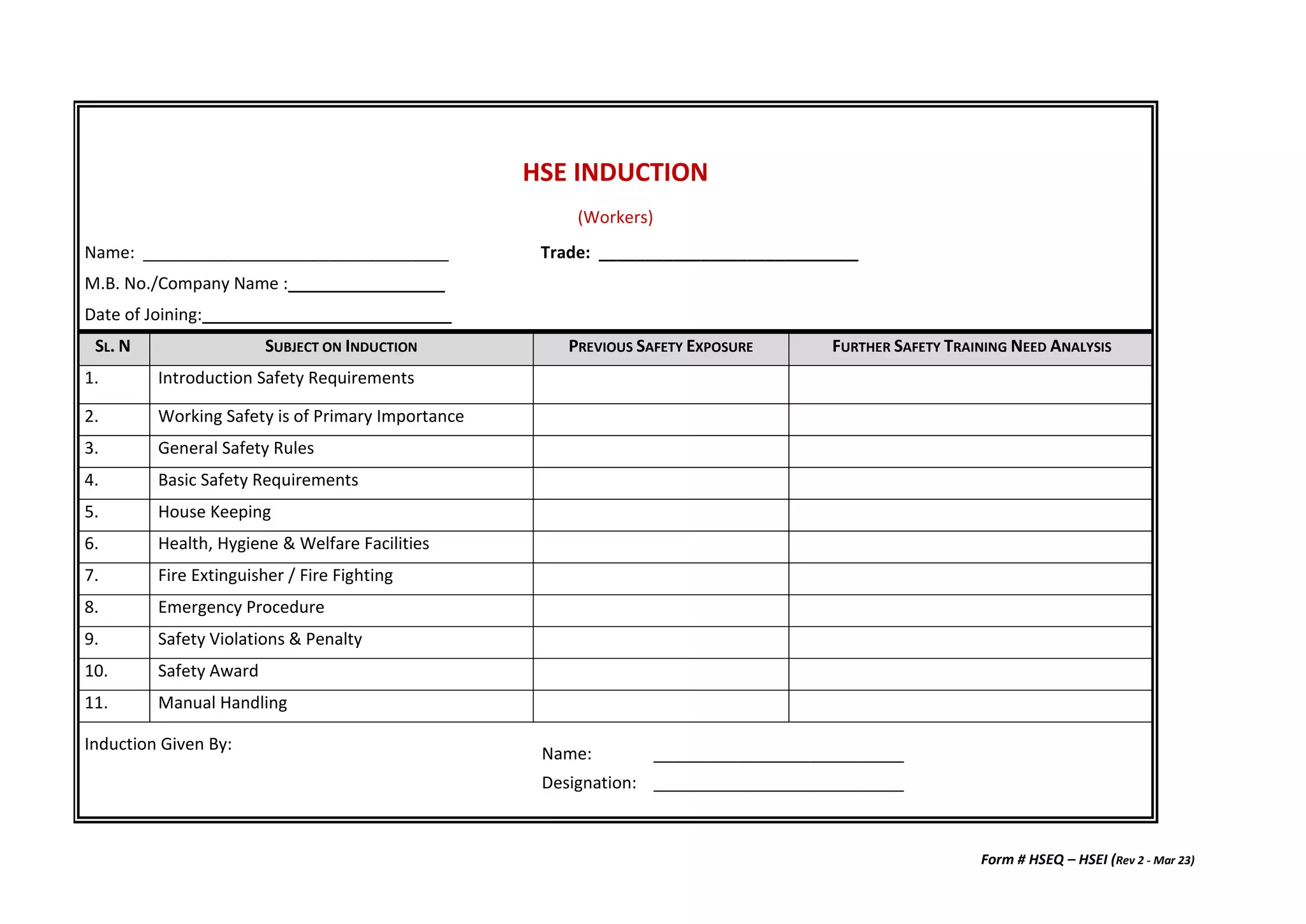 HSE INDUCTION Form # HSEQ - HSEI Rev 2 -.doc