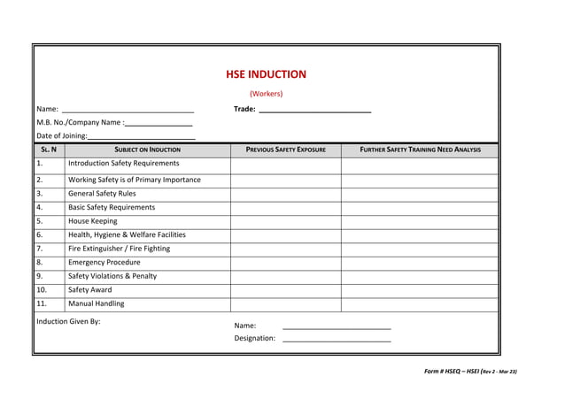 HSE INDUCTION Form # HSEQ - HSEI Rev 2 -.doc