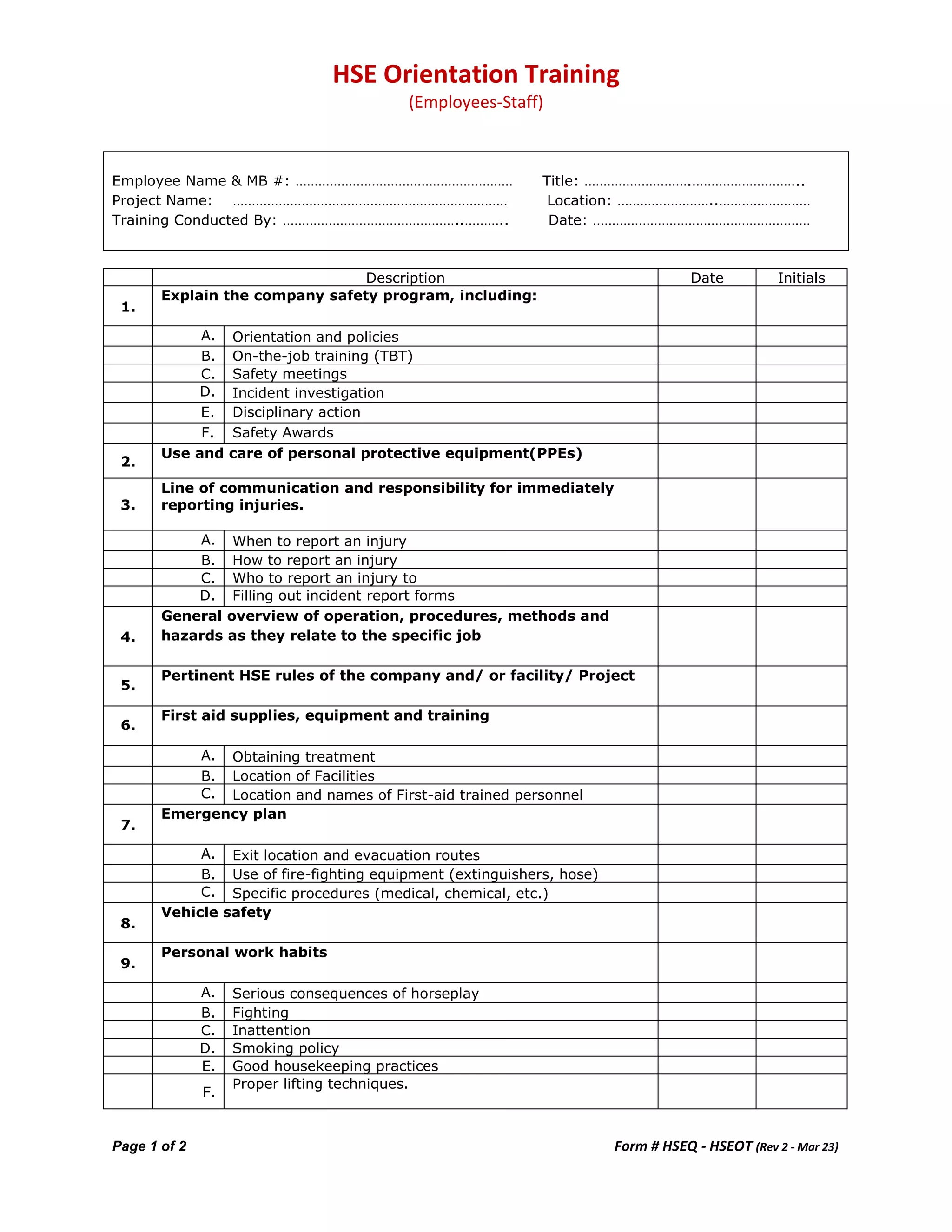 HSE ORIENTATION TRAINING (EMPLOYEES-STAFF) Form # HSEQ - HSEOT Rev 2 -.docx
