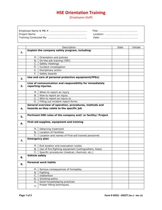 HSE ORIENTATION TRAINING (EMPLOYEES-STAFF) Form # HSEQ - HSEOT Rev 2 -.docx