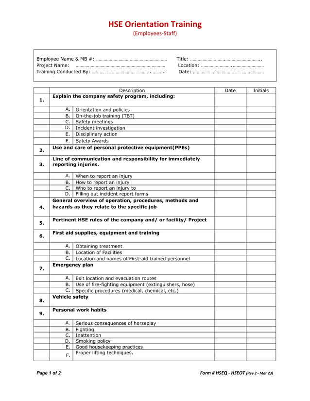 HSE ORIENTATION TRAINING (EMPLOYEES-STAFF) Form # HSEQ - HSEOT Rev 2 -.docx