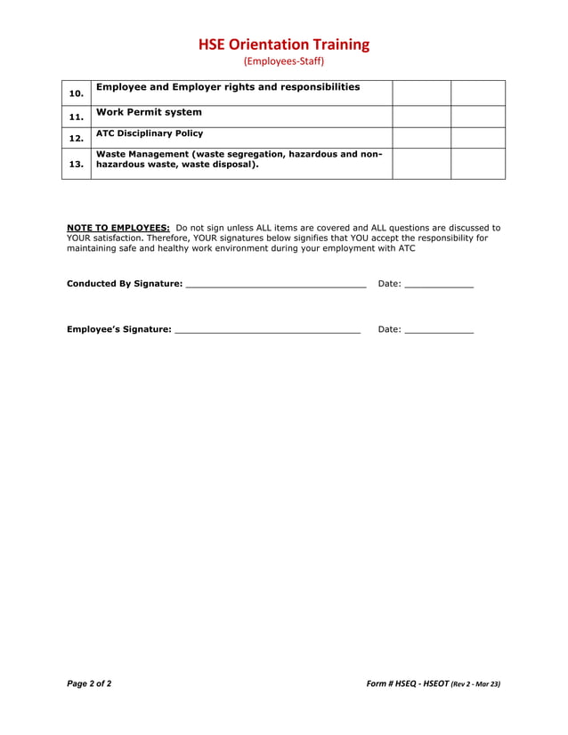 HSE ORIENTATION TRAINING (EMPLOYEES-STAFF) Form # HSEQ - HSEOT Rev 2 -.docx