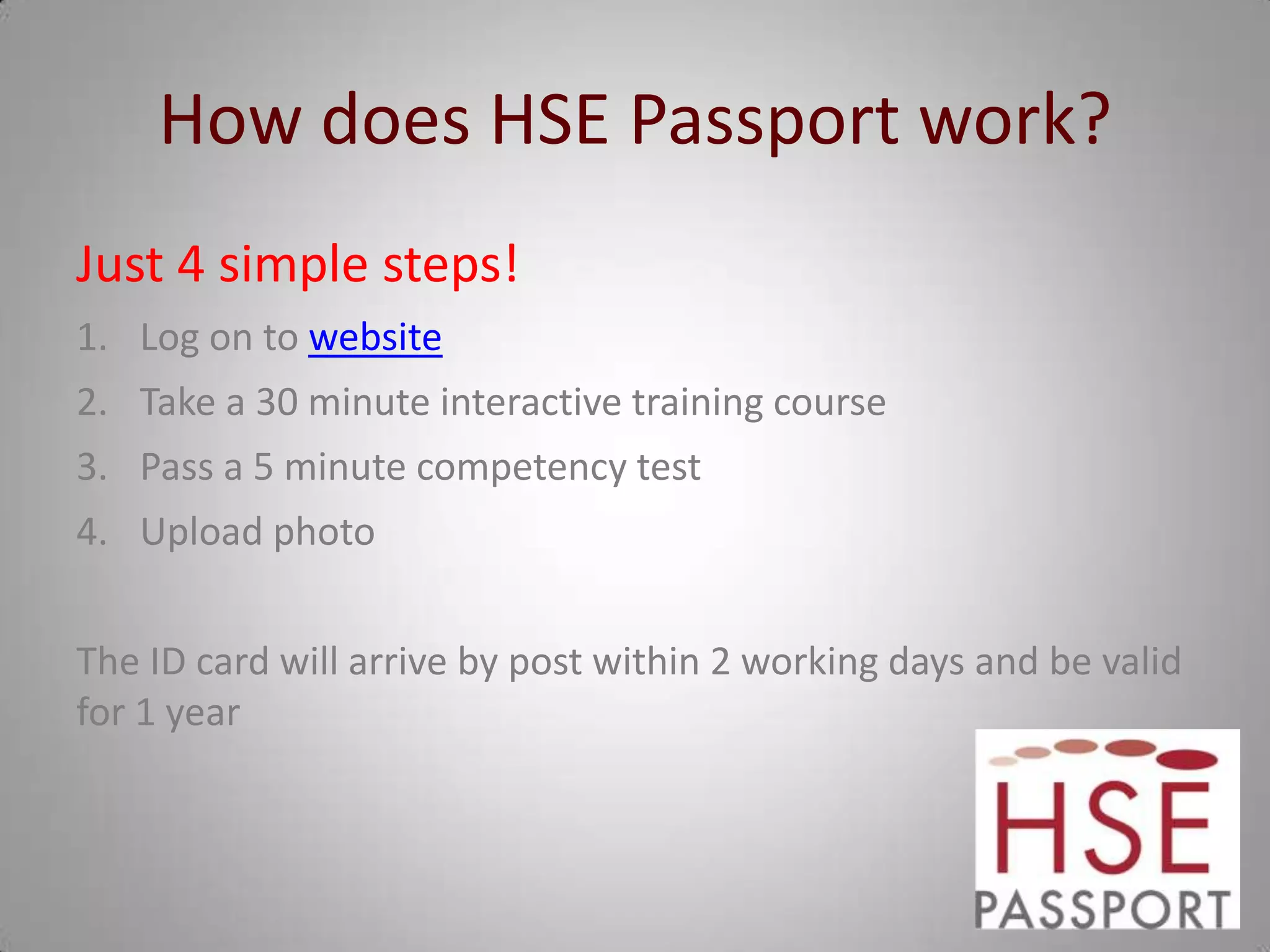 Hse presentation health safety_passport scheme_november 2011_1 | PPTX