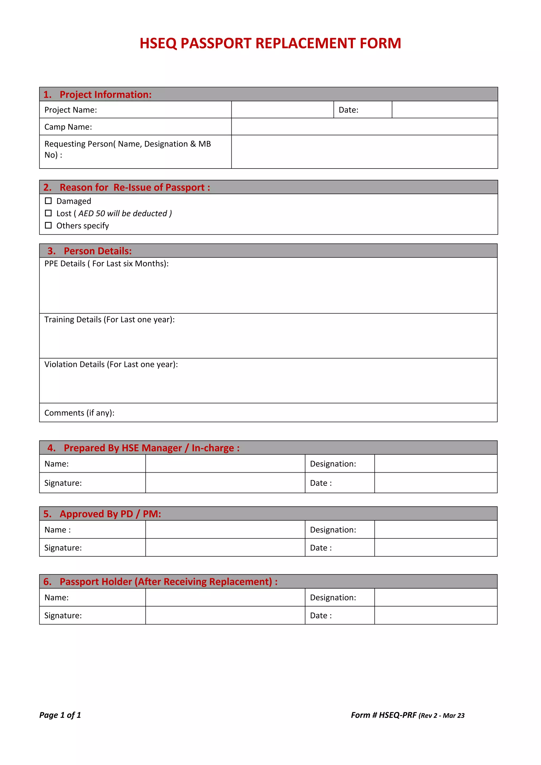 HSEQ PASSPORT REPLACEMENT FORM Form # HSEQ - PRF Rev 2 -.docx