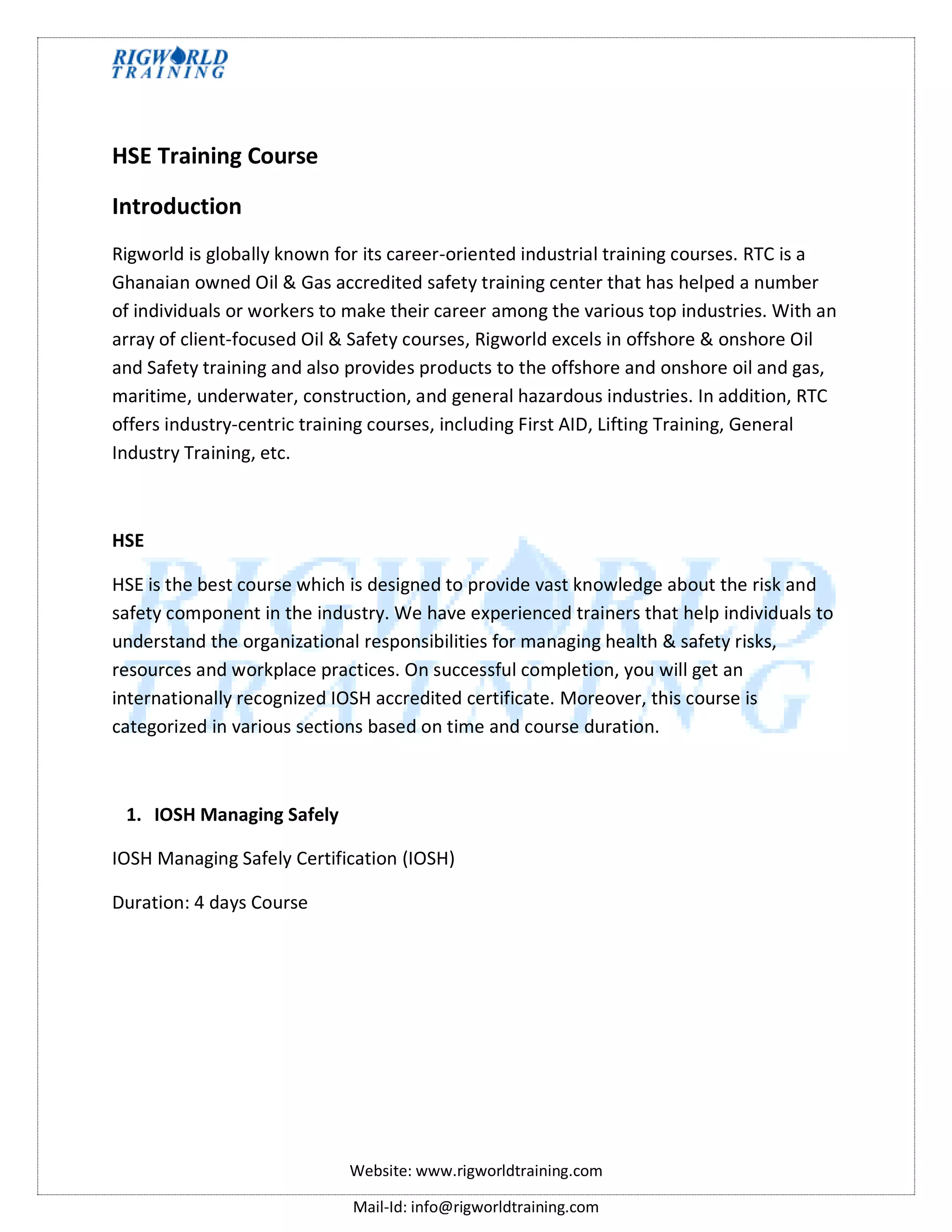 HSE Training Course - RigWorld Training Center | PDF