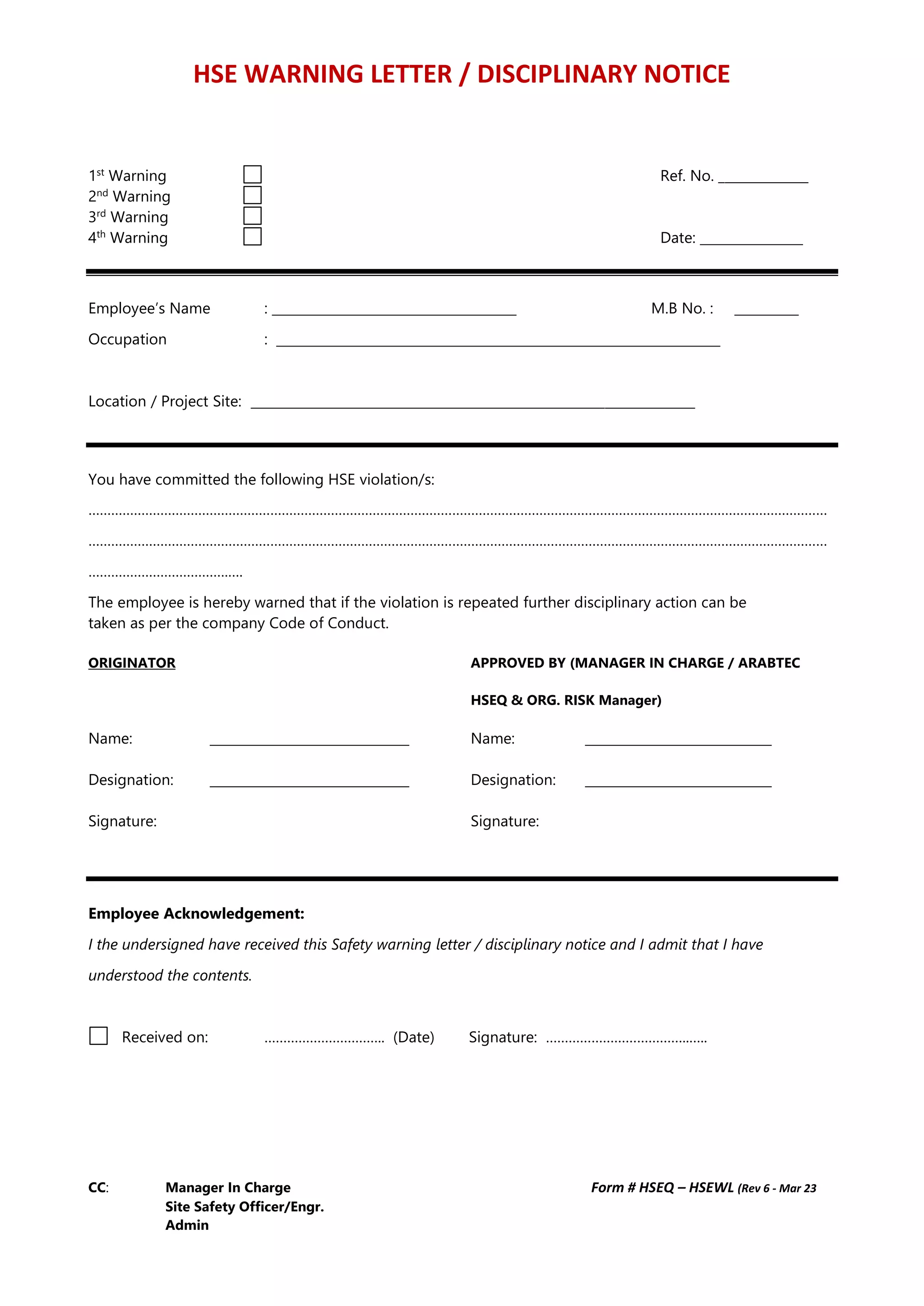 HSE WARNING LETTER-DISCIPLINARY NOTICE Form # HSEQ - HSEWL Rev 6.doc