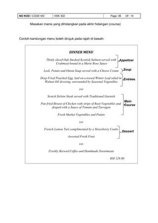 HSK 302 KERTAS PENERANGAN MODUL 1 PERFORM SET UP MEAL | DOC