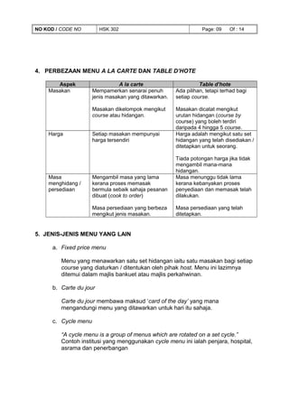 HSK 302 KERTAS PENERANGAN MODUL 1 PERFORM SET UP MEAL | DOC