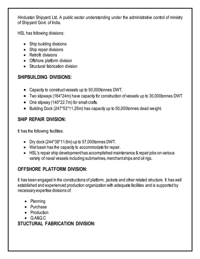 HINDUSTHAN SHIPYARD INTERNSHIP REPORT | DOCX | Logistics and ...