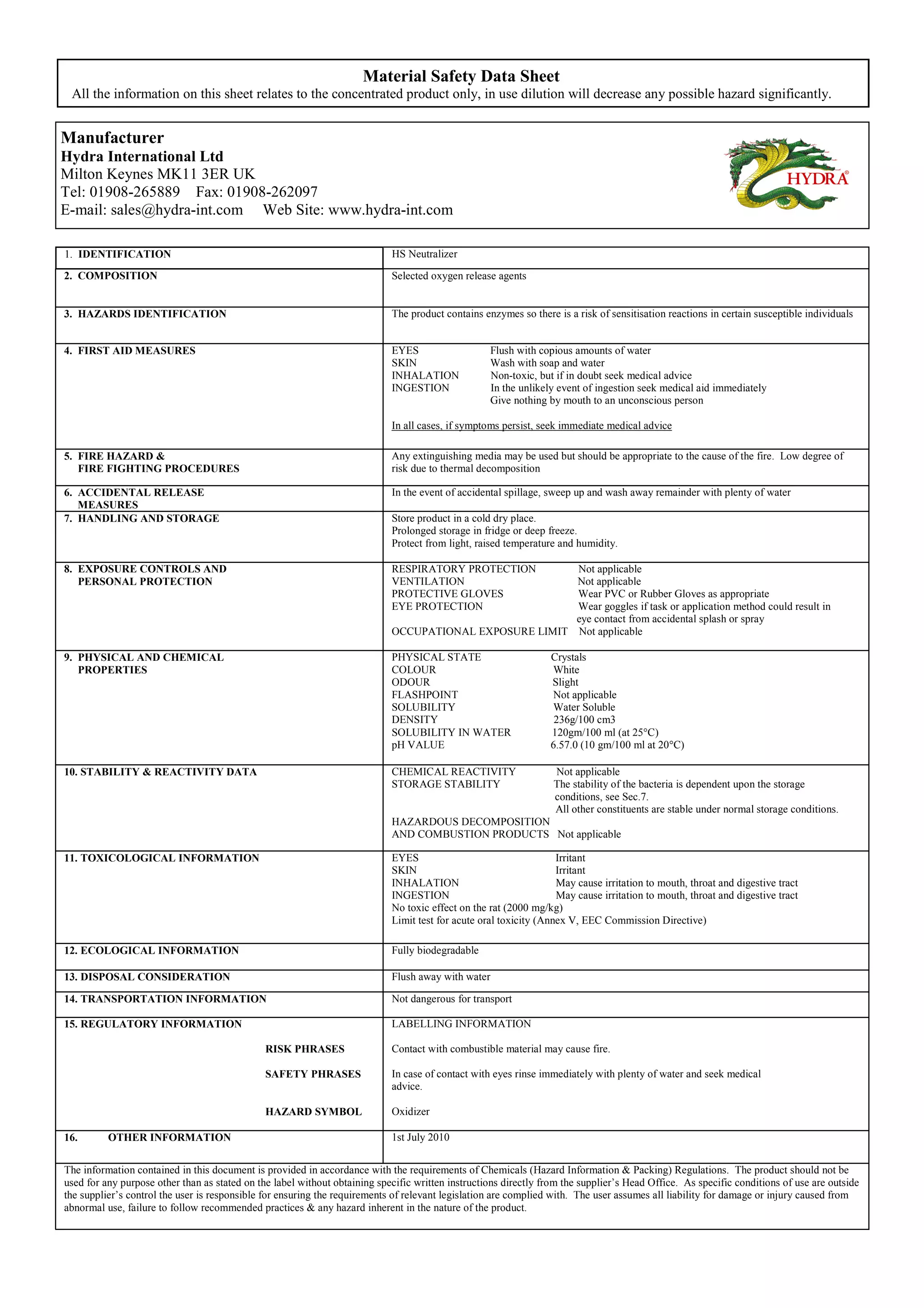 Hydra HS Neutraliser Removes Bad Septic Odors | PDF