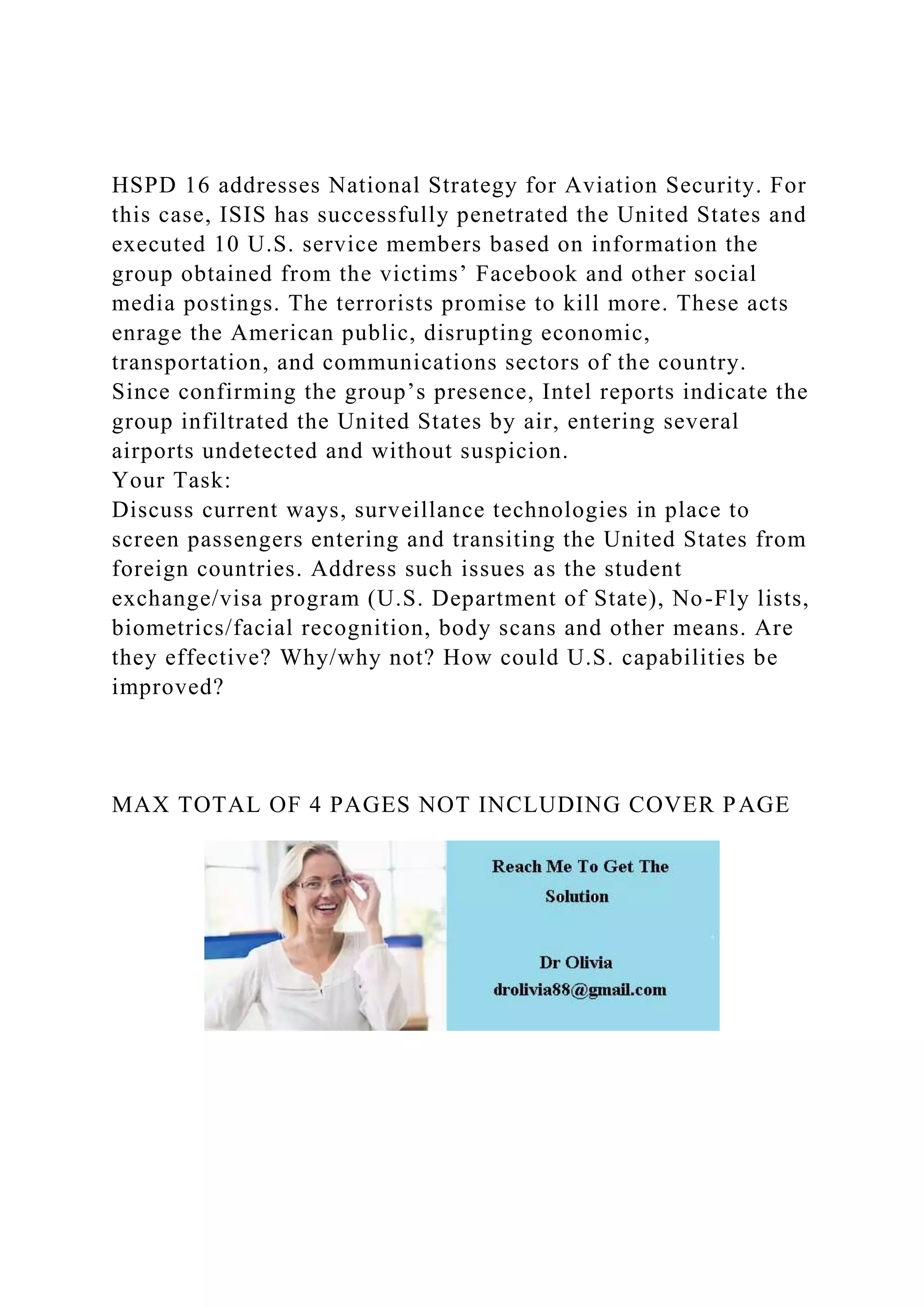 HSPD 16 addresses National Strategy for Aviation Security. For thi.docx