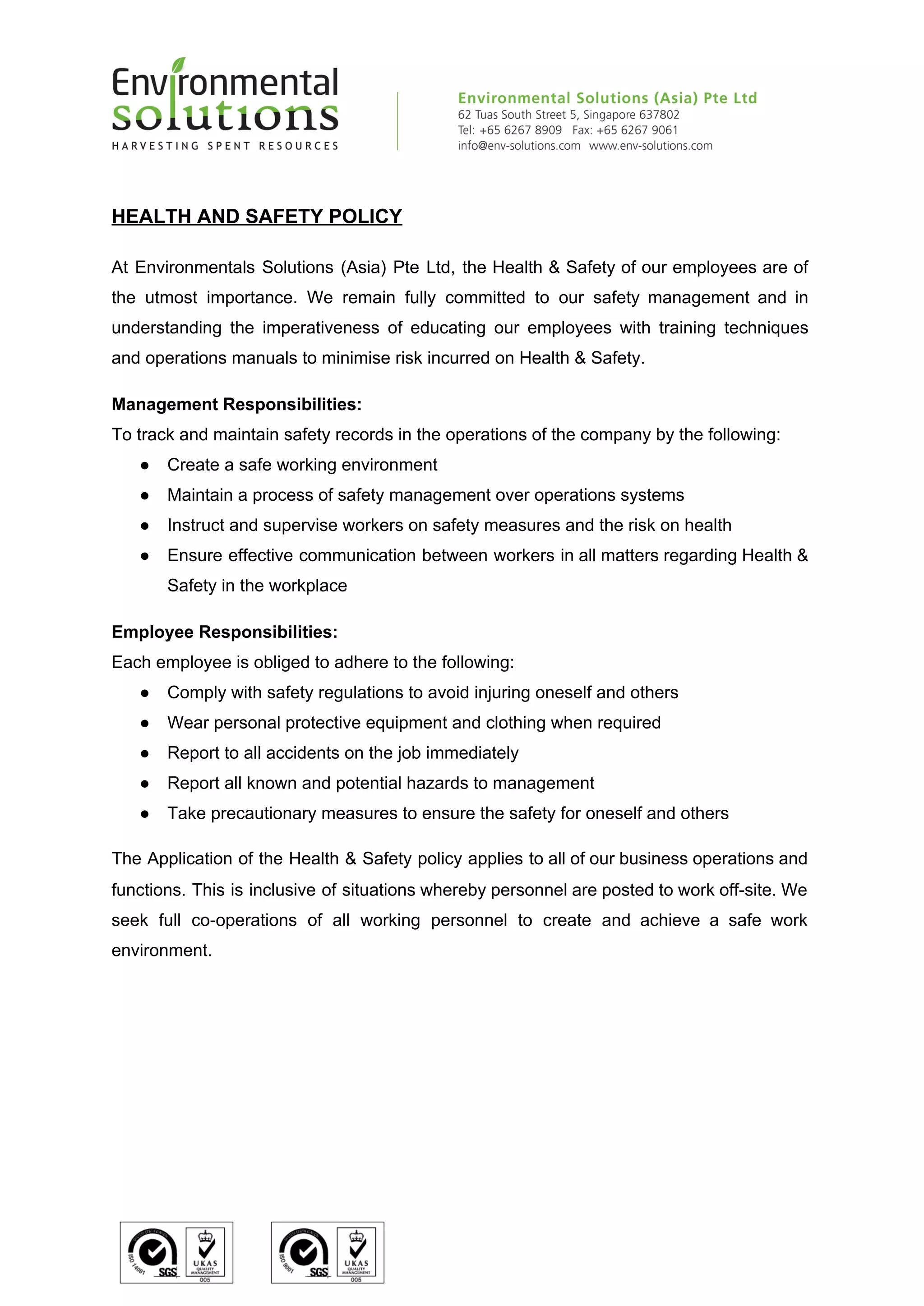 HEALTH AND SAFETY POLICY | PDF