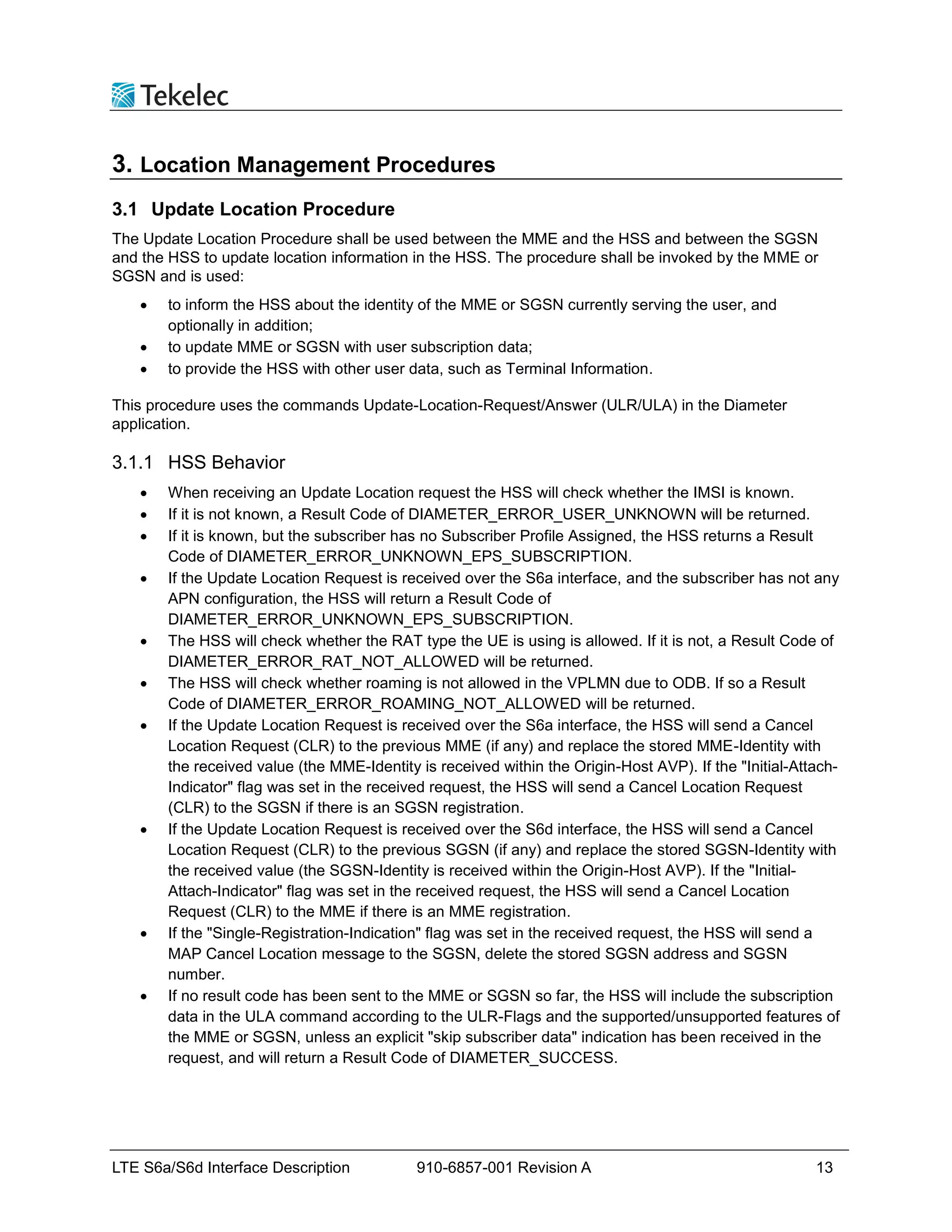 Hss behaviour on s6a interface (tekelec) | PDF