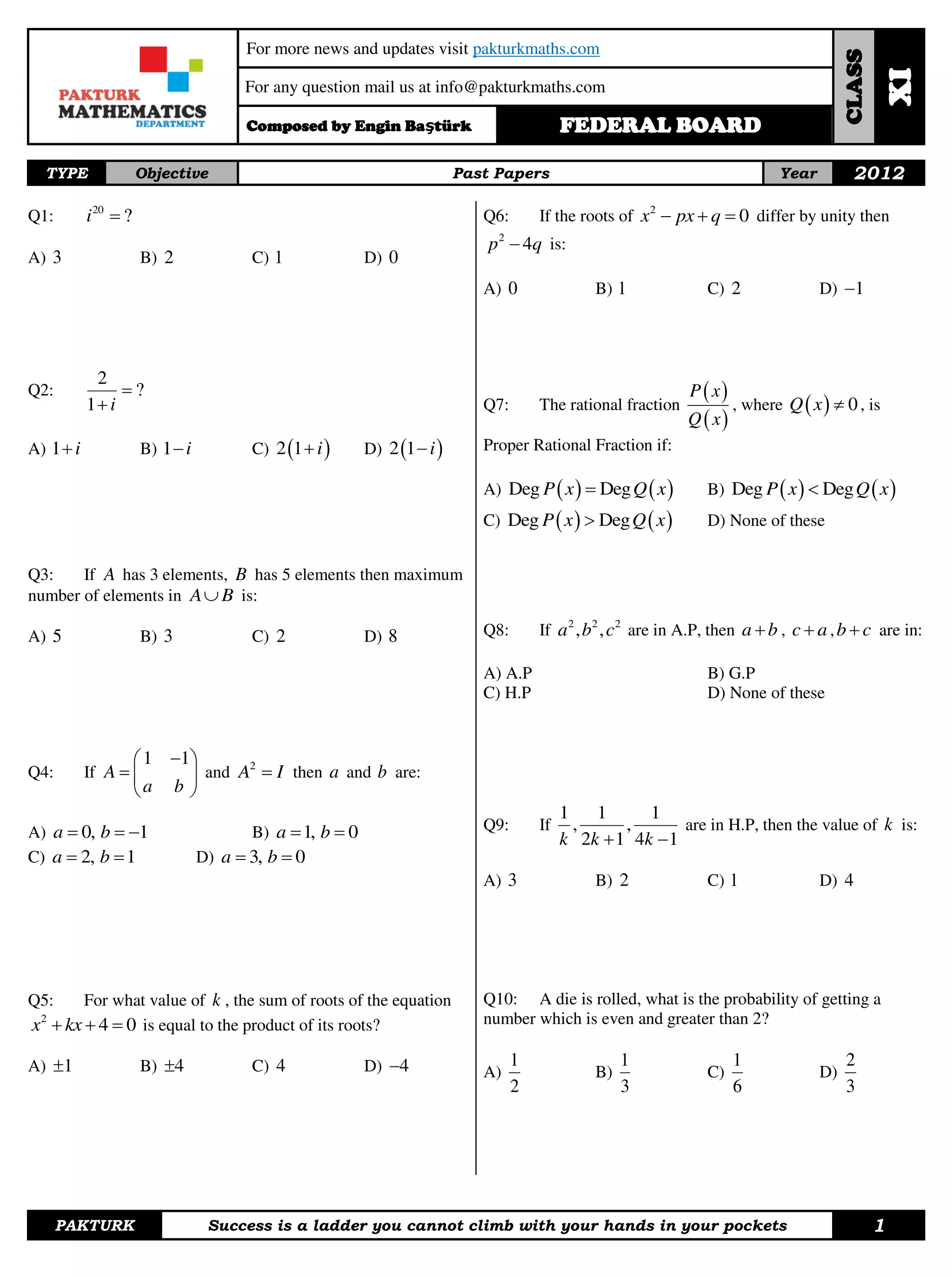 Hssc i objective past papers 2012-2 | PDF