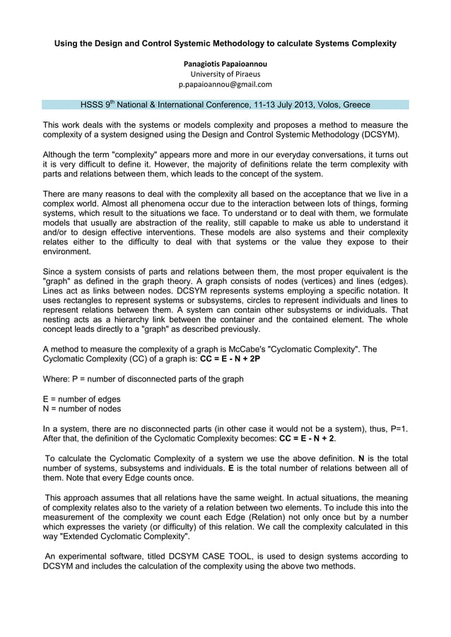 Using the Design and Control Systemic Methodology to calculate Systems Complexity | PDF ...