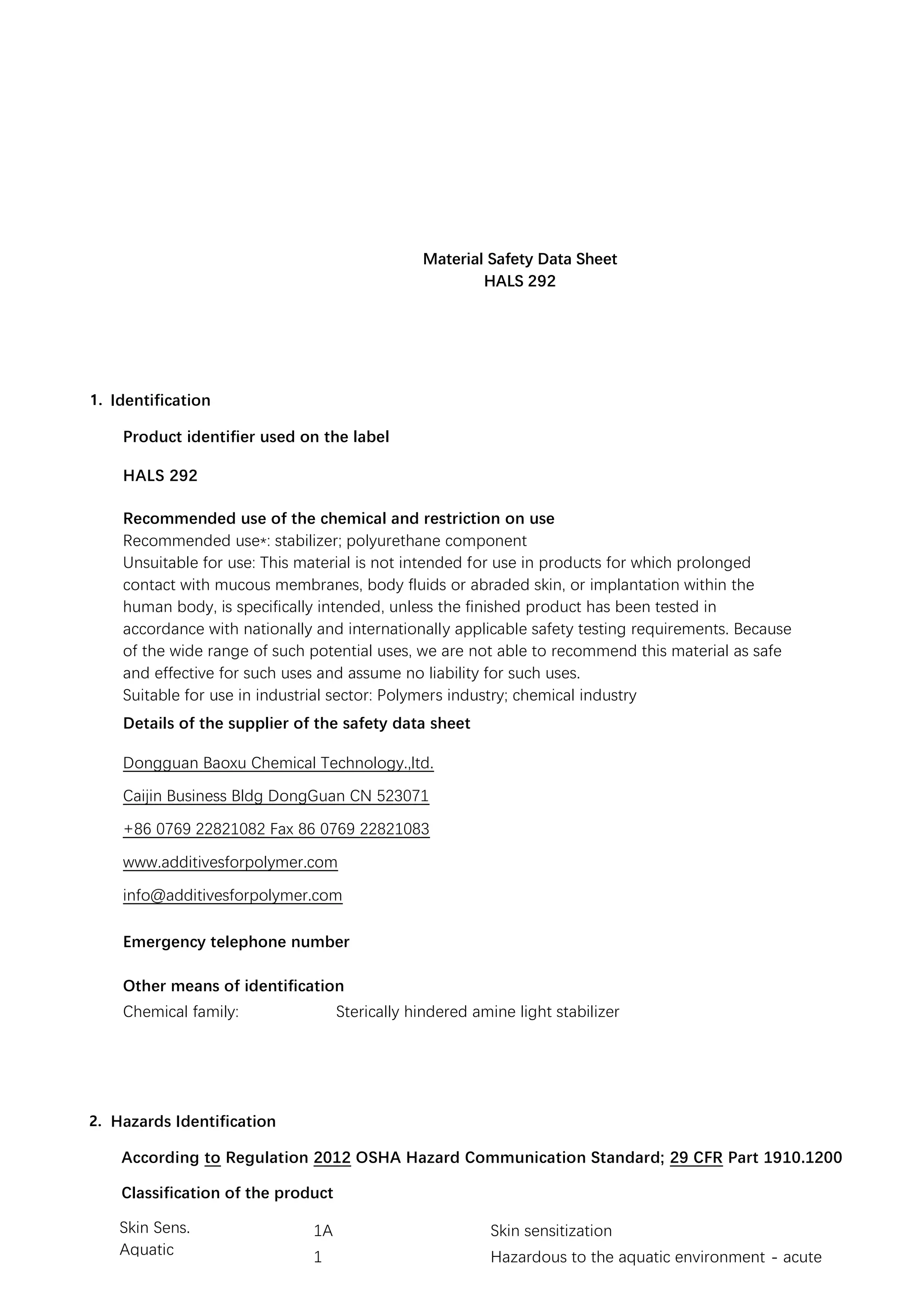 Hals 292 tinuvin 292 cas 41556 26-7 cas 82919-37-7 safety data sheet ...