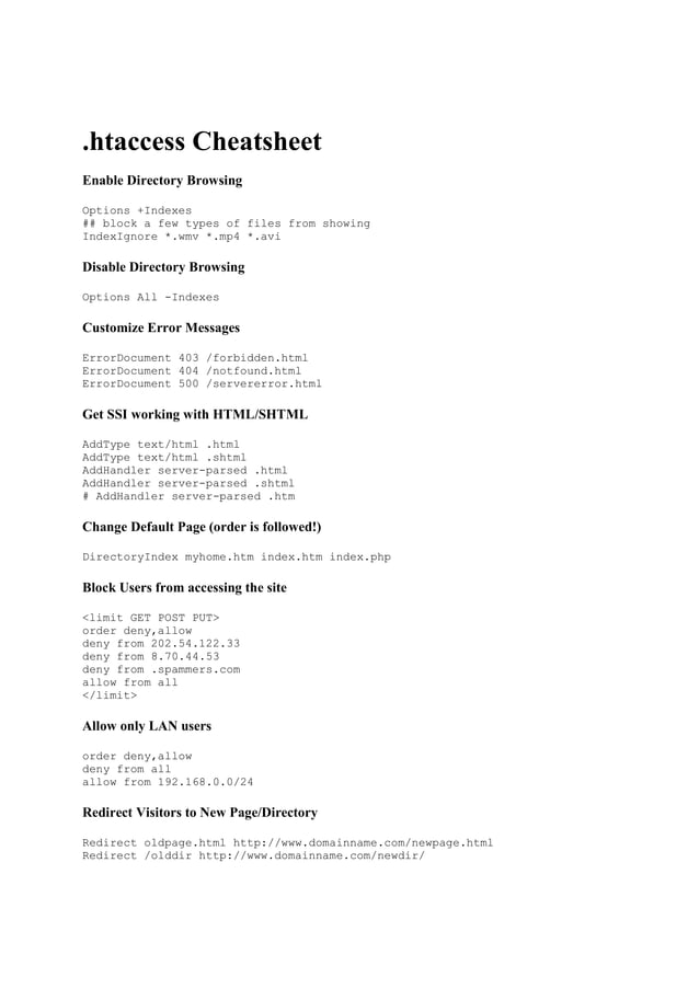 .htaccess Cheatsheet | PDF | Web Design and HTML | Internet