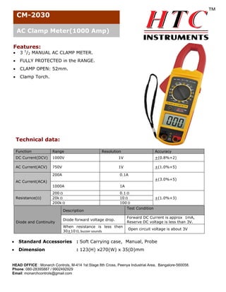Htc ac clamp meter 1000amp cm 2030 | PDF