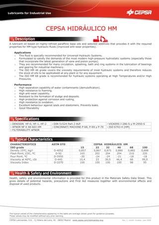 Olio Idraulico Cepsa - Hidráulico HM ISO 32, 46, 68 - Fornid | PDF