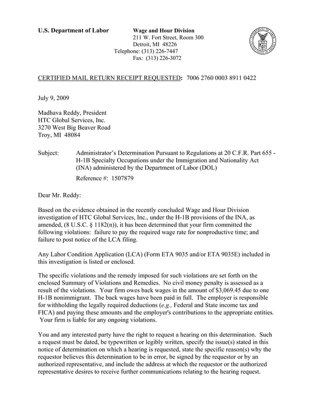 Htc Global Services Us Dol Determination Letter | PDF | Legal Services ...
