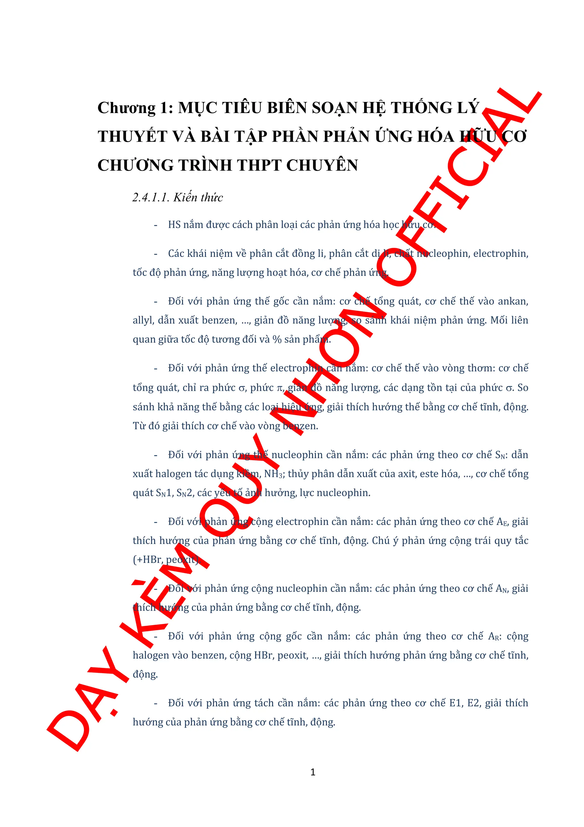 HỆ THỐNG LÝ THUYẾT VÀ BÀI TẬP PHẦN PHẢN ỨNG HÓA HỮU CƠ CHƯƠNG TRÌNH THPT CHUYÊN (TRANG BỊ CHO KÌ ...