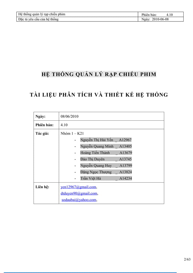 Hệ thống quản lý rạp chiếu phim | DOC