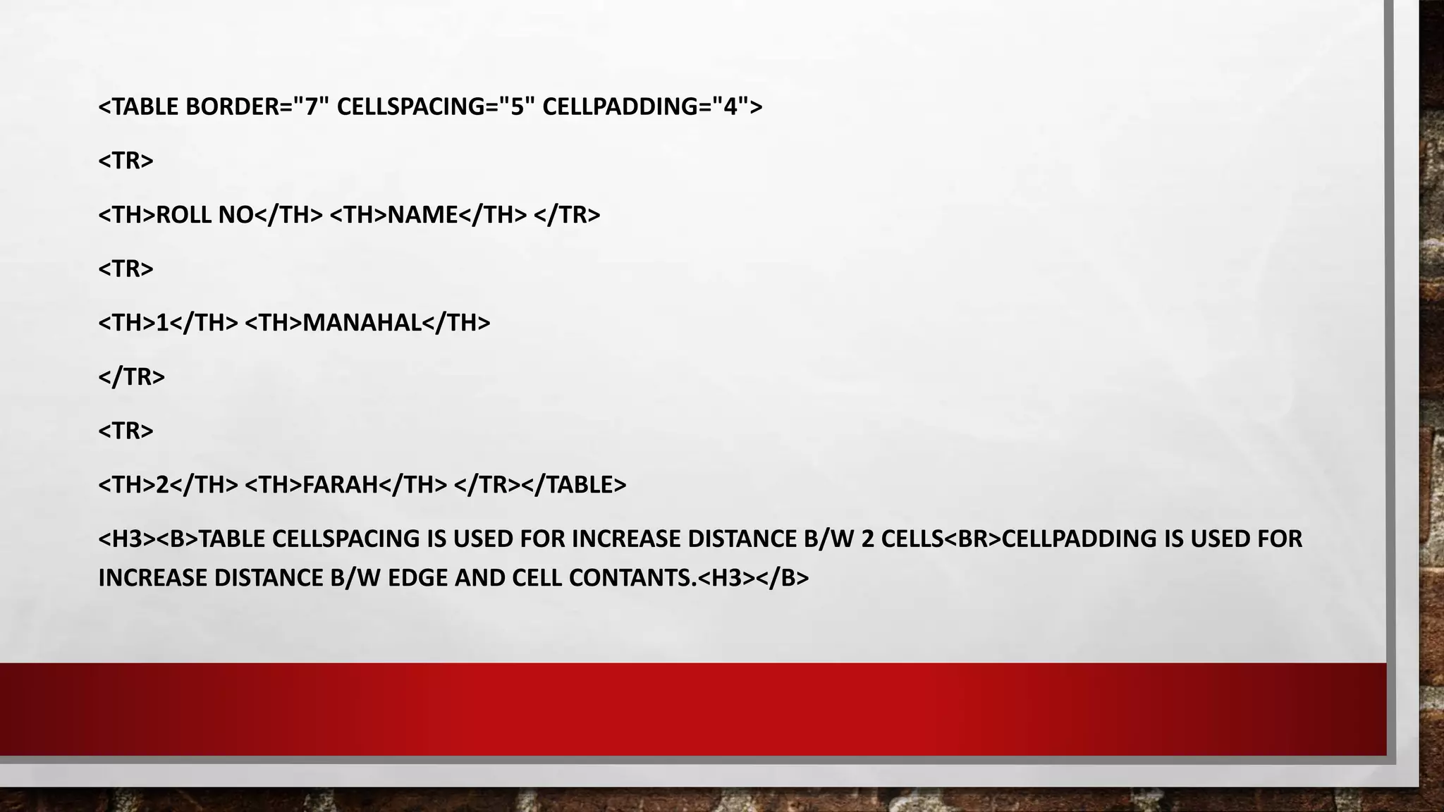 tables in html and there tags .... | PPT