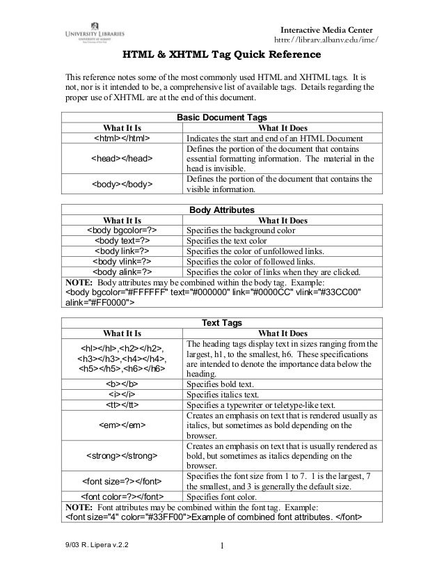 Html Xhtml Tag-sheet