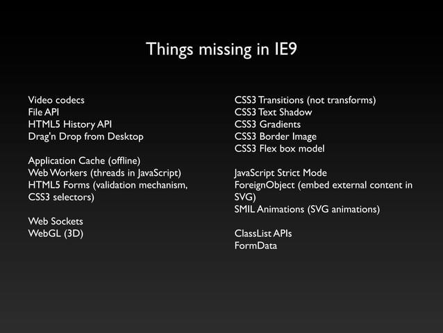 HTML5 - What's good, what's missing, web browser implementation takes | PPT