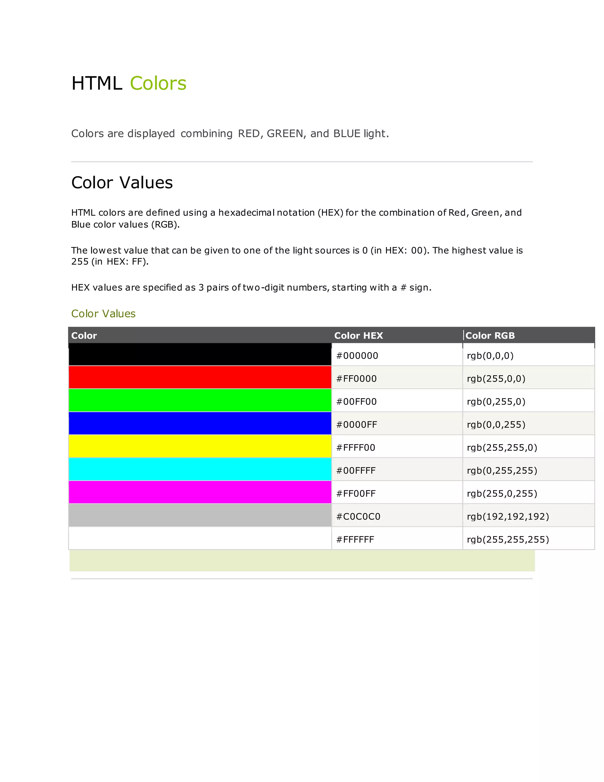 Html color codes | DOCX