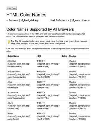 Html color names code