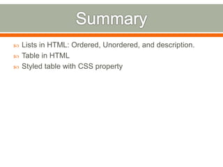 Use of Lists and Tables in HTML | PPTX