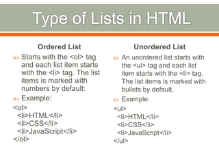 Use of Lists and Tables in HTML | PPTX