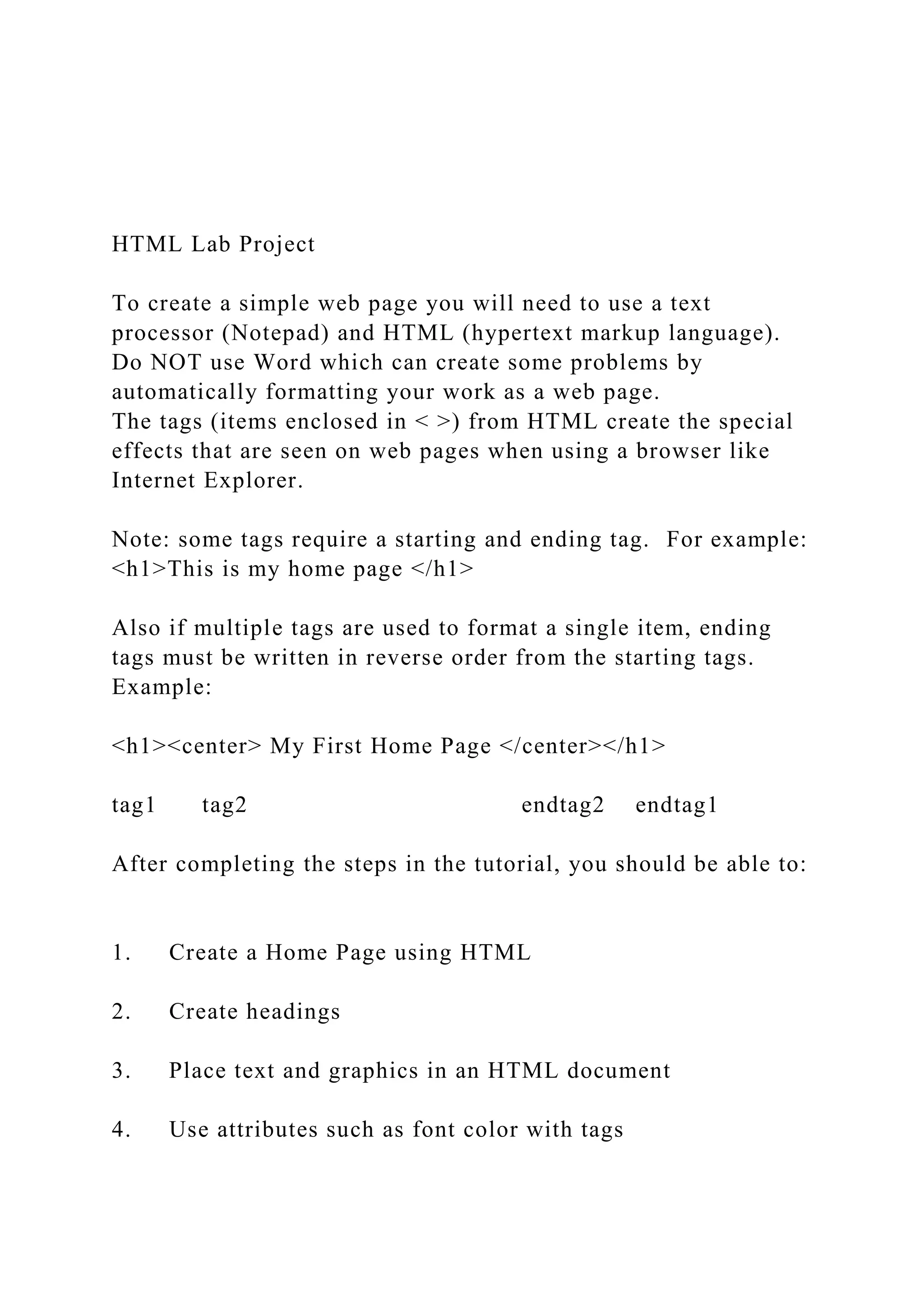 Html Lab Projectto Create A Simple Web Page You Will Need Docx