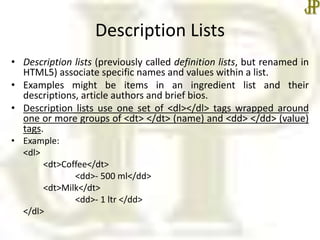 Html link and list tags | PPTX
