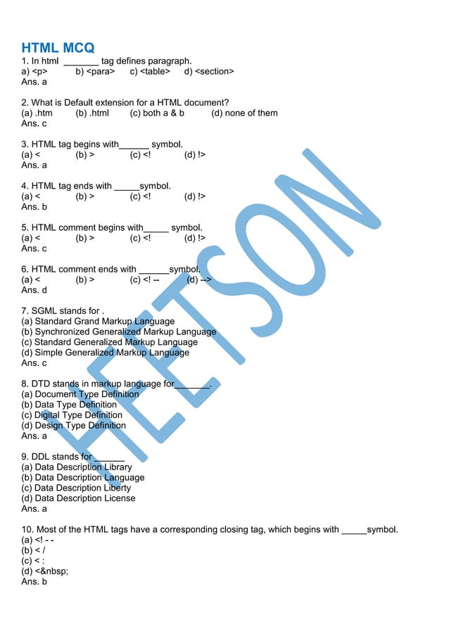 HTML MCQ Objective Questions and Answers | PDF | Web Design and HTML | Internet